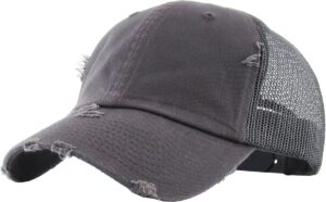 funky junque distressed low profile vintage polo style trucker dad hat - dark grey