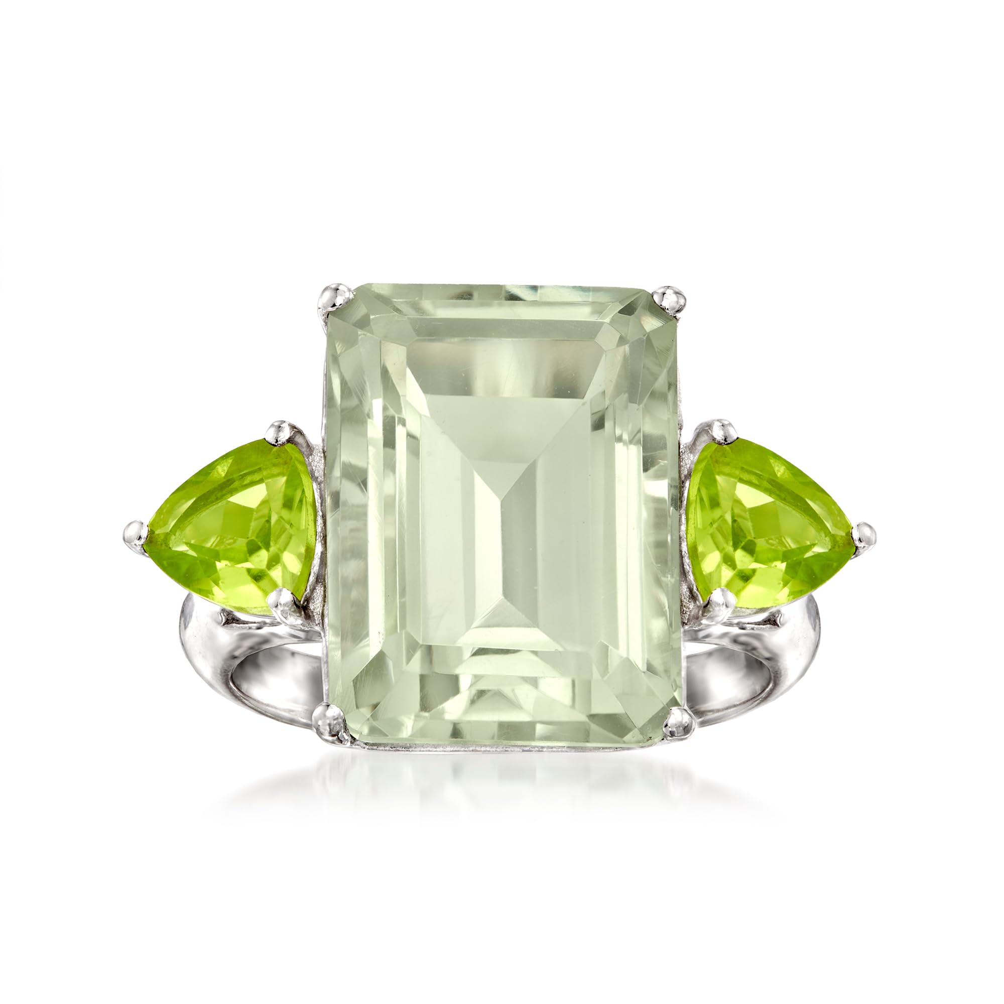 Ross-Simons 11.00 Carat Emerald-Cut Prasiolite and 1.40 ct. t.w. Peridot Ring in Sterling Silver. Size 5