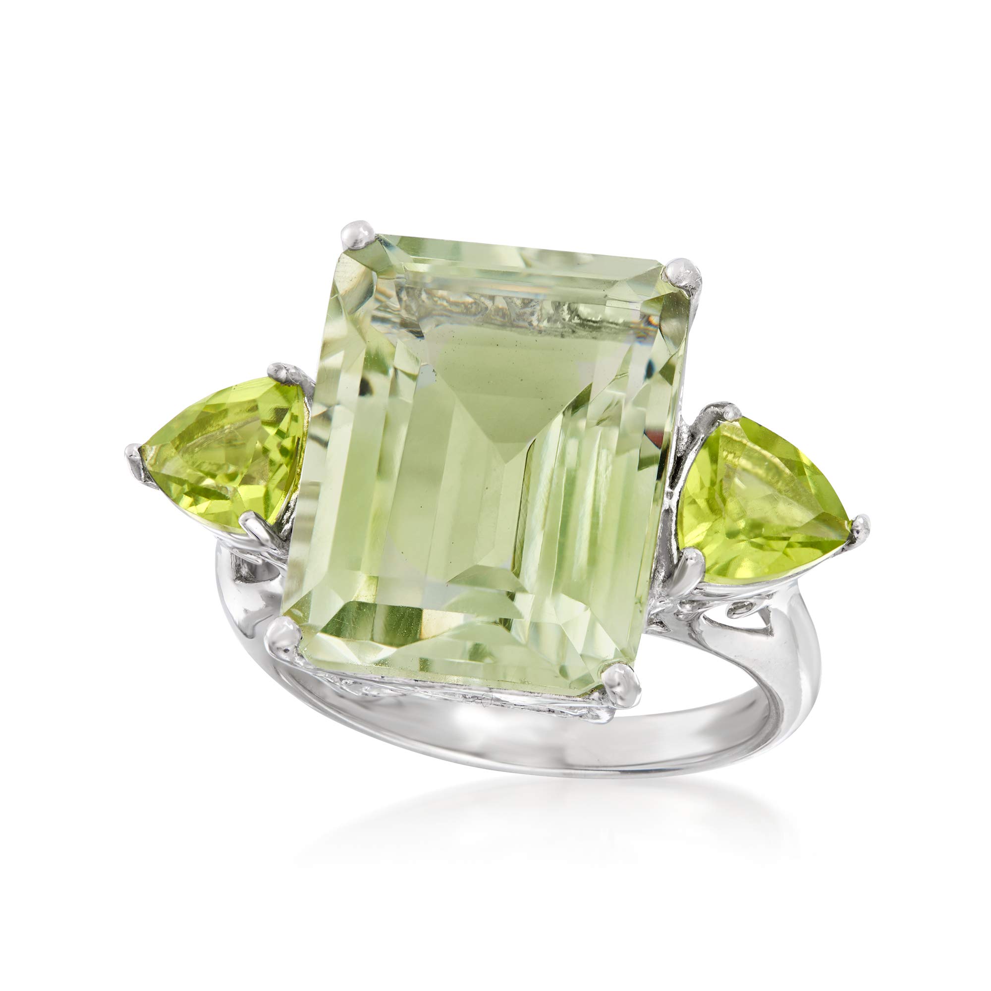 Ross-Simons 11.00 Carat Emerald-Cut Prasiolite and 1.40 ct. t.w. Peridot Ring in Sterling Silver. Size 5