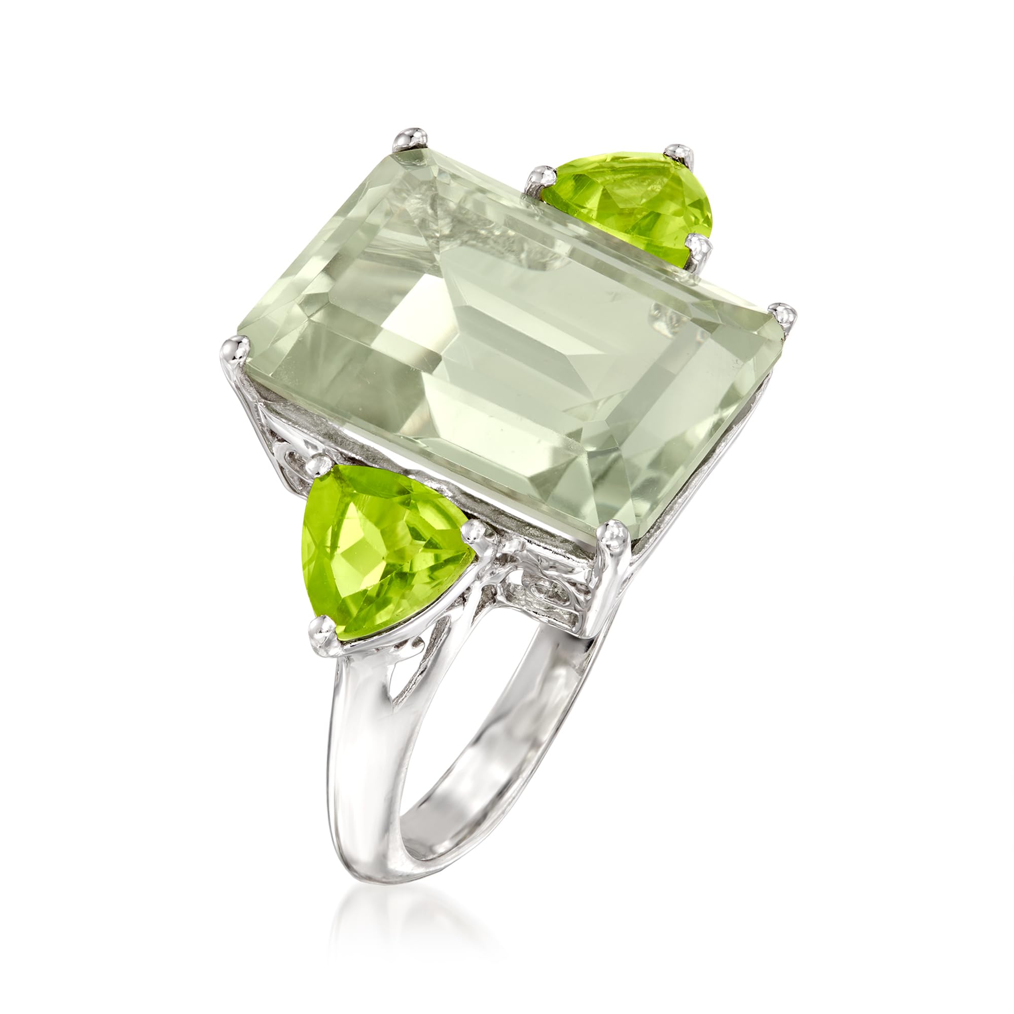 Ross-Simons 11.00 Carat Emerald-Cut Prasiolite and 1.40 ct. t.w. Peridot Ring in Sterling Silver. Size 5