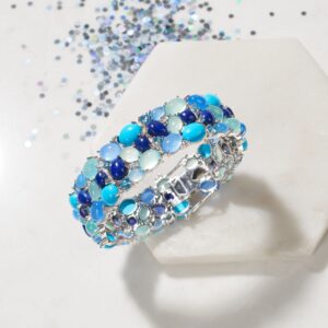 Ross-Simons 61.30 ct. t.w. White and Tonal Blue Multi-Gemstone Cluster Bracelet in Sterling Silver. 7.25 inches