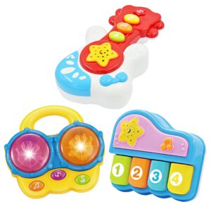 portable set of 3 (piano, bongo drums, guitar) educational toy for music learning and entertainment for ages 6 months to 4 years. all 6 batteries included.