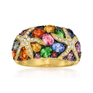 ross-simons 2.80 ct. t.w. multicolored sapphire and .25 ct. t.w. diamond starfish ring with .40 ct. t.w. tsavorites in 14kt yellow gold. size 6