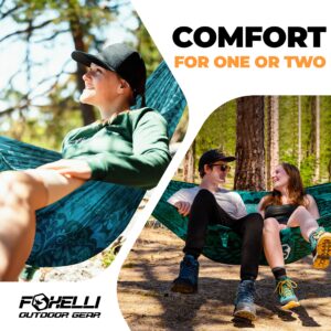 Foxelli Camping Hammock – Lightweight Parachute Nylon Portable Hammock with Tree Ropes and Carabiners, Perfect for Outdoors, Backpacking, Hiking, Camping, Travel, Beach, Backyard & Garden