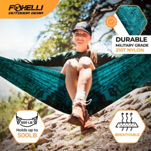 Foxelli Camping Hammock – Lightweight Parachute Nylon Portable Hammock with Tree Ropes and Carabiners, Perfect for Outdoors, Backpacking, Hiking, Camping, Travel, Beach, Backyard & Garden