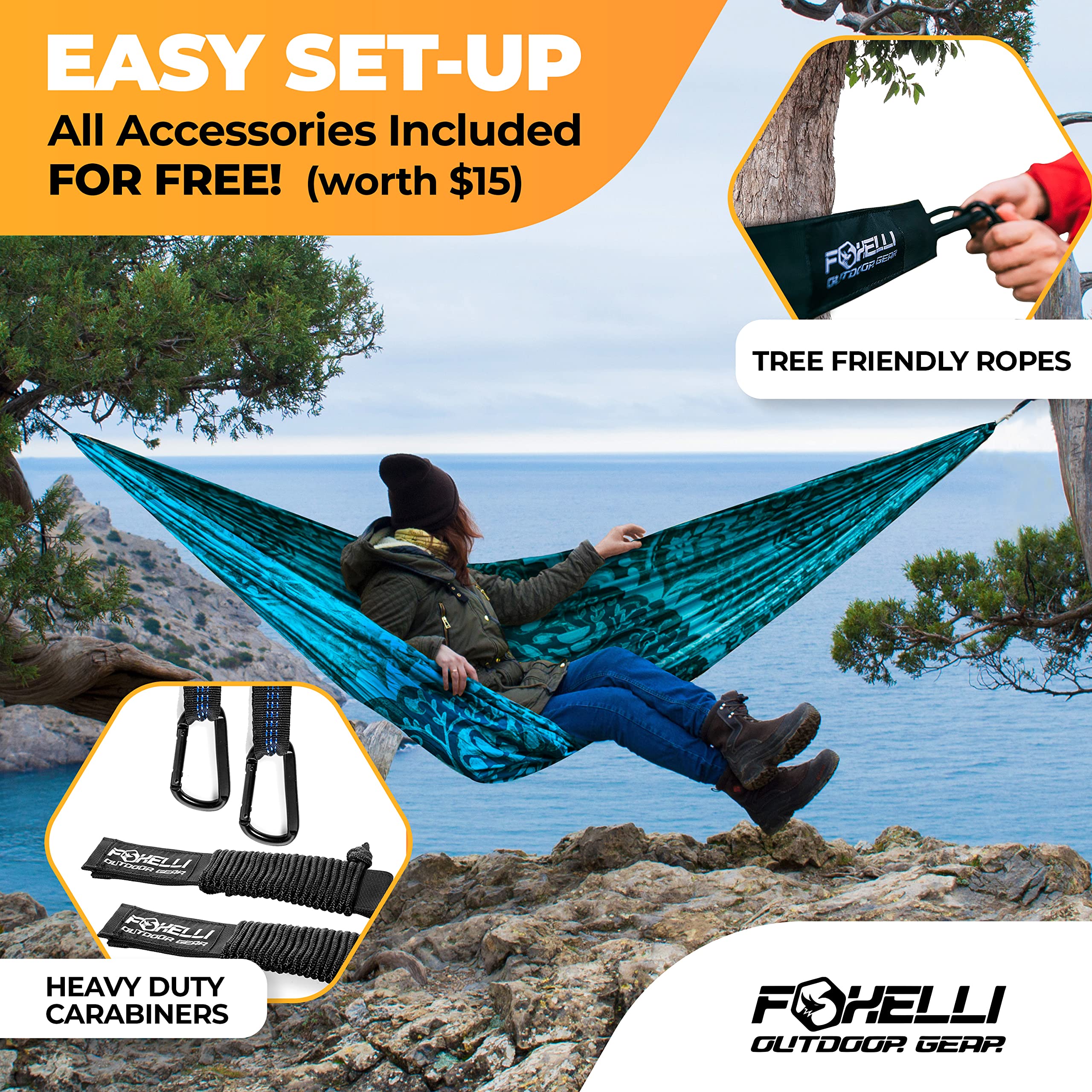 Foxelli Camping Hammock – Lightweight Parachute Nylon Portable Hammock with Tree Ropes and Carabiners, Perfect for Outdoors, Backpacking, Hiking, Camping, Travel, Beach, Backyard & Garden