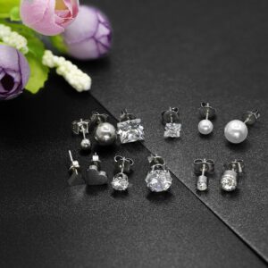 LOYALLOOK 12 Pairs Stainless Steel Earrings Stud Earrings Set for Womens Clear CZ Stud