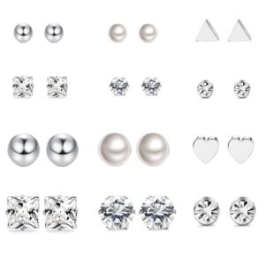 LOYALLOOK 12 Pairs Stainless Steel Earrings Stud Earrings Set for Womens Clear CZ Stud