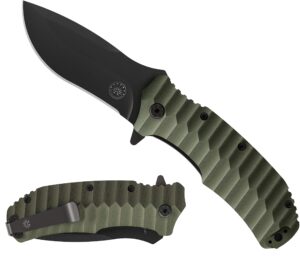 off-grid knives - rapid fire ranger, camping & hunting knife, cryo d2 blade steel with olive drab g10 scales, deep clip, left or right carry, survival, hiking, fishing, boating, bushcraft