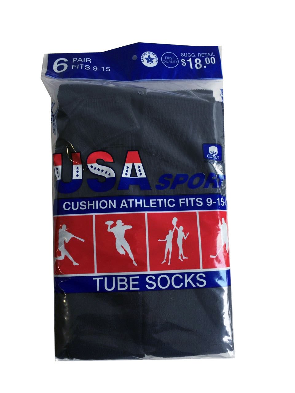 USA Sport Men's Cotton Athletic Tube Socks Size 9-15 Made in USA (Black, 12)