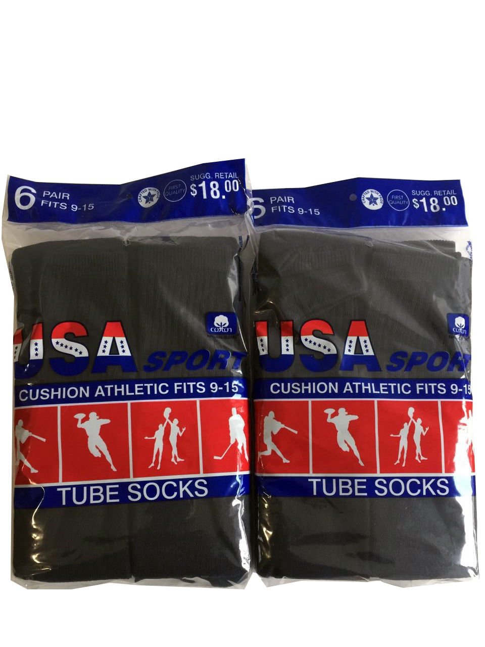 USA Sport Men's Cotton Athletic Tube Socks Size 9-15 Made in USA (Black, 12)