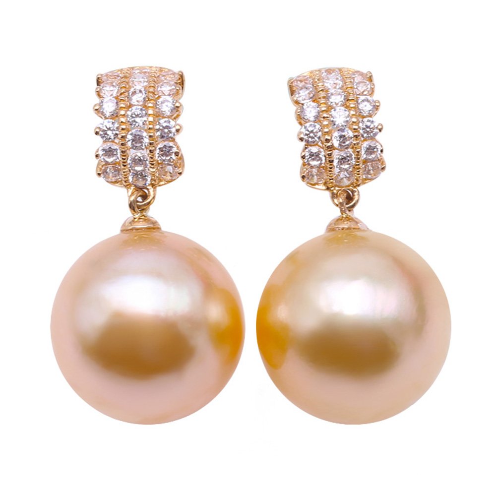 JYX Pearl 14K Yellow Gold Earrings AAA Quality Genuine 11.5mm Round Golden South Sea Cultured Pearl Dangle Earrings for Women