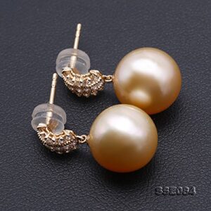 JYX Pearl 14K Yellow Gold Earrings AAA Quality Genuine 11.5mm Round Golden South Sea Cultured Pearl Dangle Earrings for Women