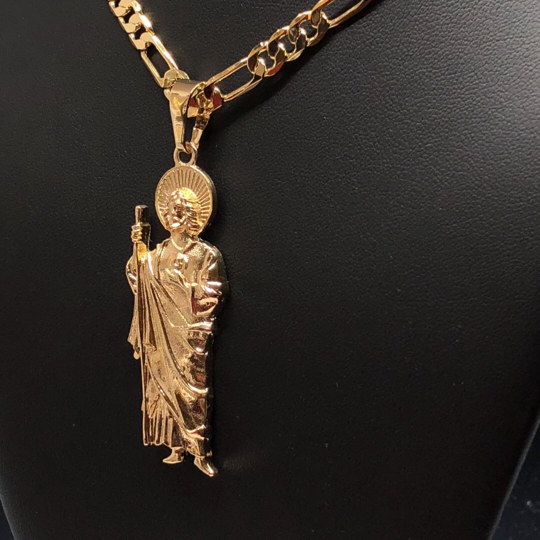 Gold Plated Saint Jude Pendant Necklace Figaro 26" San Judas Tadeo Medalla Cadena Oro Laminado