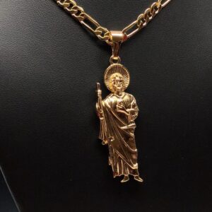 Gold Plated Saint Jude Pendant Necklace Figaro 26" San Judas Tadeo Medalla Cadena Oro Laminado