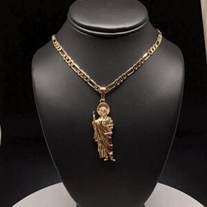 Gold Plated Saint Jude Pendant Necklace Figaro 26" San Judas Tadeo Medalla Cadena Oro Laminado