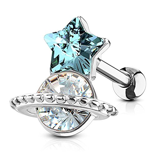 Covet Jewelry Aqua Star and Clear Stone Set Saturn 316L Surgical Steel Cartilage, Tragus Barbell Studs (Steel)