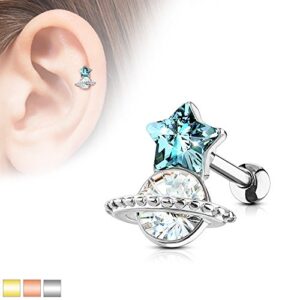 Covet Jewelry Aqua Star and Clear Stone Set Saturn 316L Surgical Steel Cartilage, Tragus Barbell Studs (Steel)