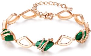 leafael wish stone link charm bracelet with emerald green birthstone crystal for may, rose gold plated, 7"+2"