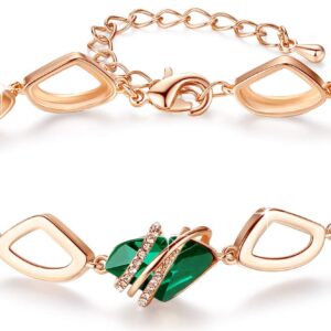 Leafael Wish Stone Link Charm Bracelet with Emerald Green Birthstone Crystal for May, Rose Gold Plated, 7"+2"