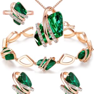 Leafael Wish Stone Link Charm Bracelet with Emerald Green Birthstone Crystal for May, Rose Gold Plated, 7"+2"