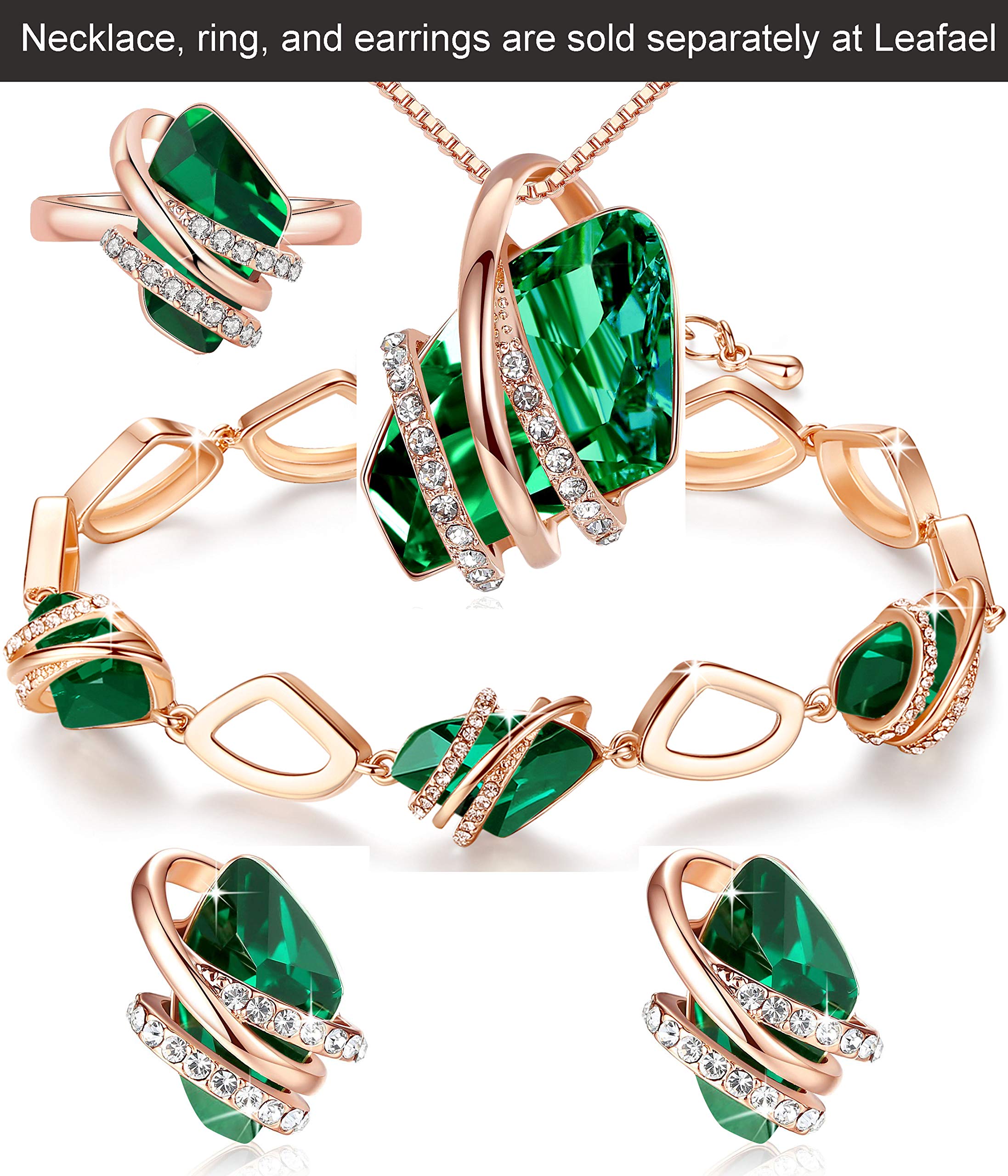 Leafael Wish Stone Link Charm Bracelet with Emerald Green Birthstone Crystal for May, Rose Gold Plated, 7"+2"