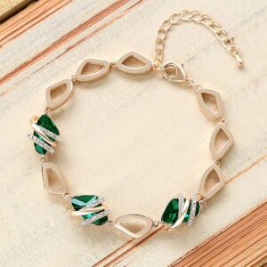 Leafael Wish Stone Link Charm Bracelet with Emerald Green Birthstone Crystal for May, Rose Gold Plated, 7"+2"