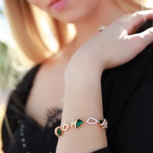 Leafael Wish Stone Link Charm Bracelet with Emerald Green Birthstone Crystal for May, Rose Gold Plated, 7"+2"