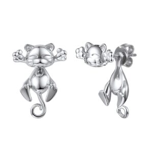 925 silver cute cat earrings stud solid sterling jewelry " kiss me hug me" 3d kitten ear jacket earring for women teen girls