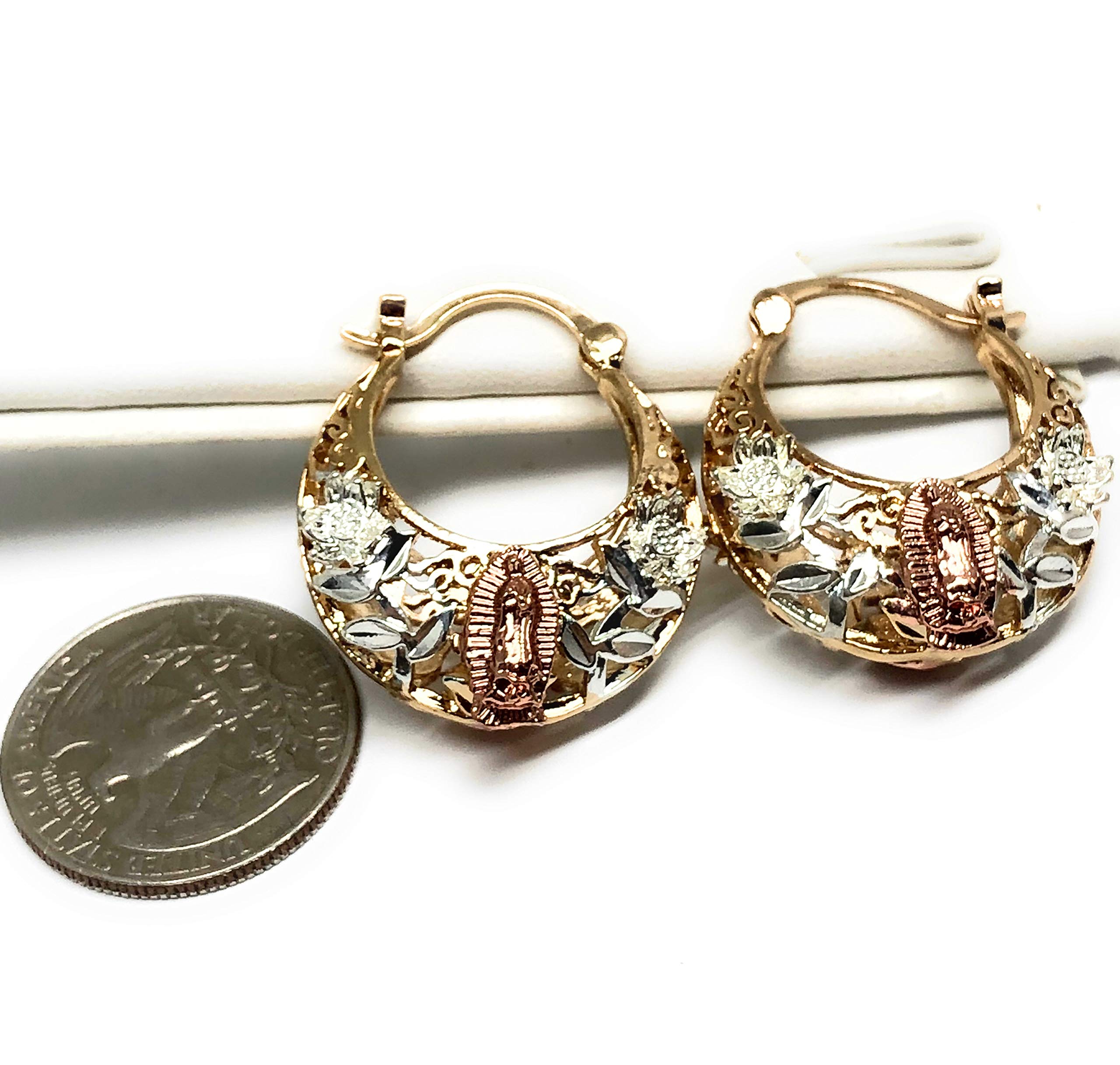 Fran & Co. Jewelry Gold Plated Tri Color Virgin Mary Flower Basket Earrings Virgen De Guadalupe Aretes Arracadas