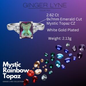 Ginger Lyne Collection Ariella Engagement Ring for Women, 2.62 ct Mystic Rainbow Emerald Cut Cubic Zirconia Statement Cocktail Ring for Her, White Gold Plated, Multicolored Gemstone