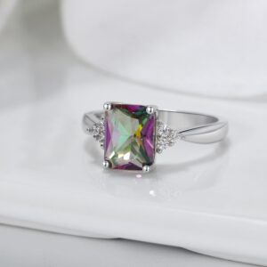 Ginger Lyne Collection Ariella Engagement Ring for Women, 2.62 ct Mystic Rainbow Emerald Cut Cubic Zirconia Statement Cocktail Ring for Her, White Gold Plated, Multicolored Gemstone