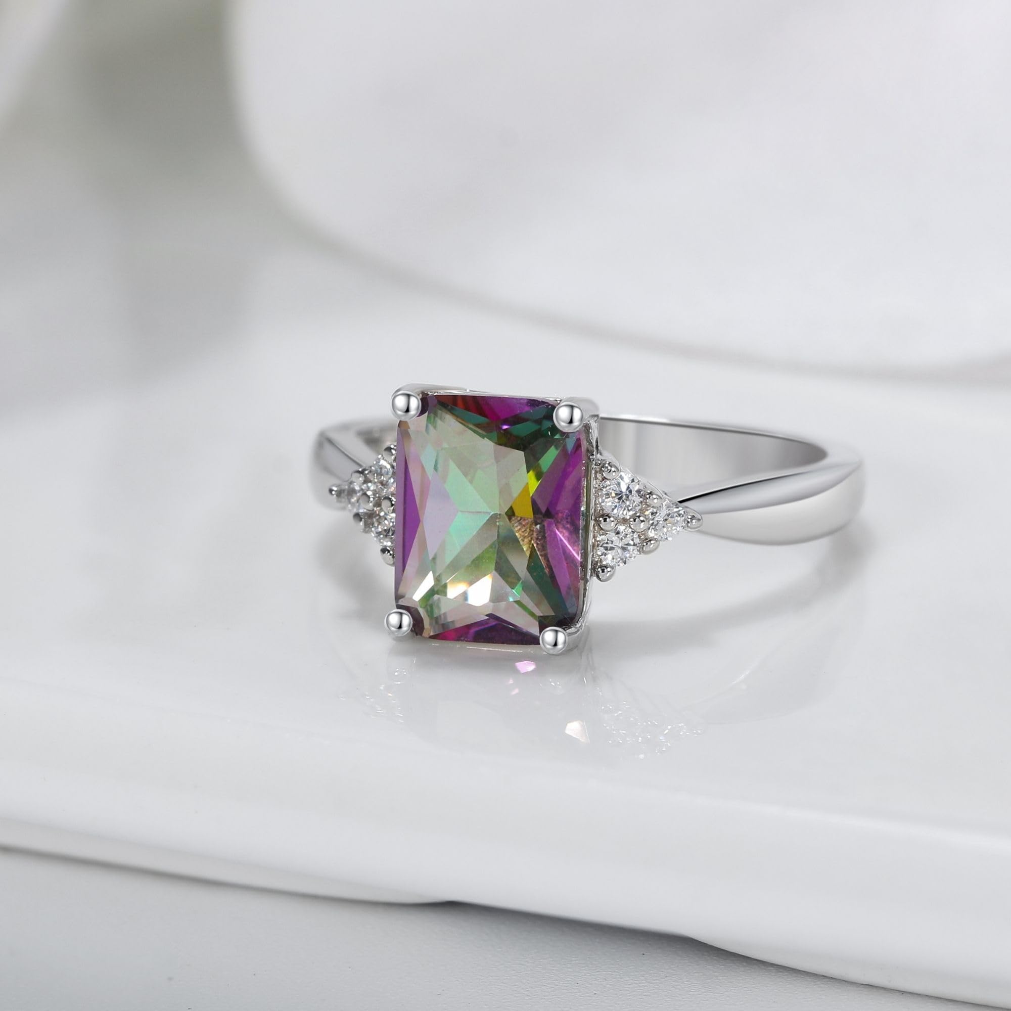 Ginger Lyne Collection Ariella Engagement Ring for Women, 2.62 ct Mystic Rainbow Emerald Cut Cubic Zirconia Statement Cocktail Ring for Her, White Gold Plated, Multicolored Gemstone