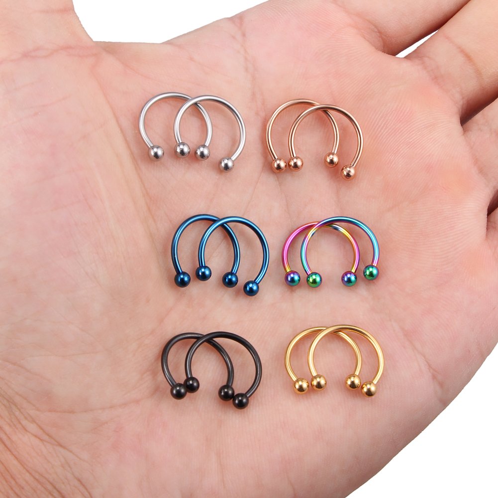 SCERRING 12PCS 12mm Mix Color Stainless Steel Nose Horseshoe Hoop Rings Eyebrow Lip Ear Tragus Septum Piercing Hanger Retainer 16G