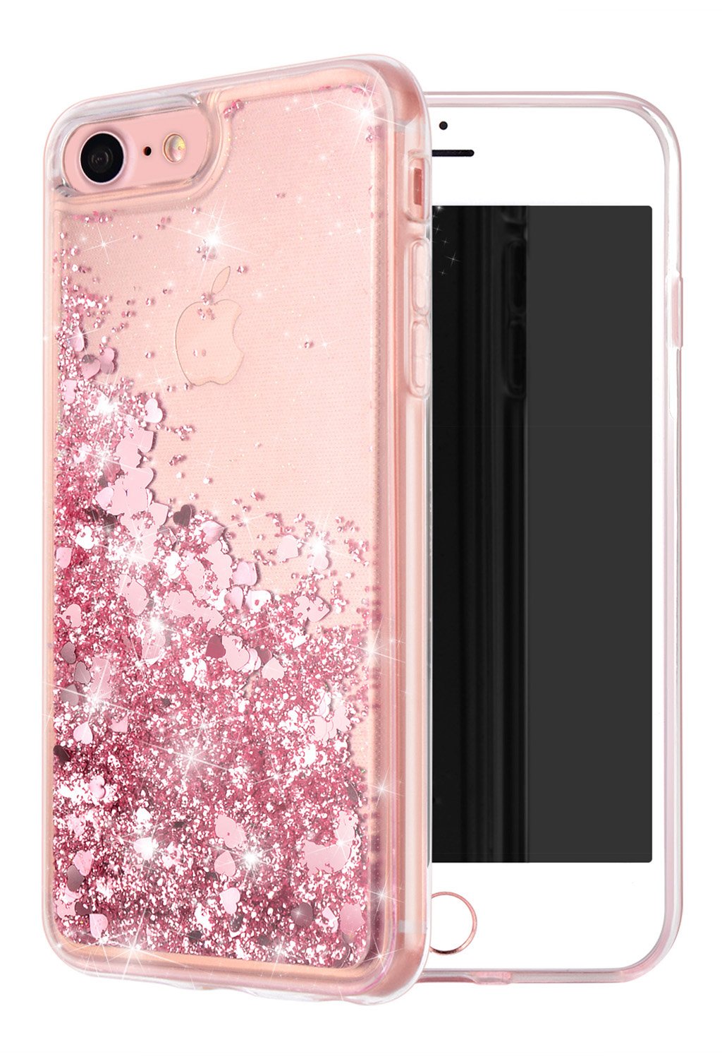 WORLDMOM Compatible with iPhone SE 2022 Case,for iPhone SE 2020 Case,Bling Moving Liquid Floating Sparkle Colorful Glitter Waterfall Clear TPU Protective Case for iPhone 7/8/ se2/ Se3, Rose Gold