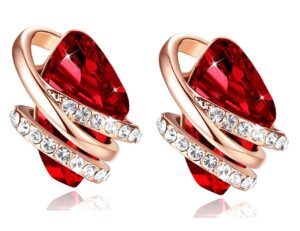 leafael wish stone stud earrings with ruby red birthstone crystal for january and july, 18k rose gold plated