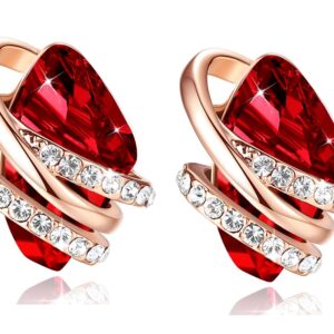 Leafael Wish Stone Stud Earrings with Ruby Red Birthstone Crystal for January and July, 18K Rose Gold Plated