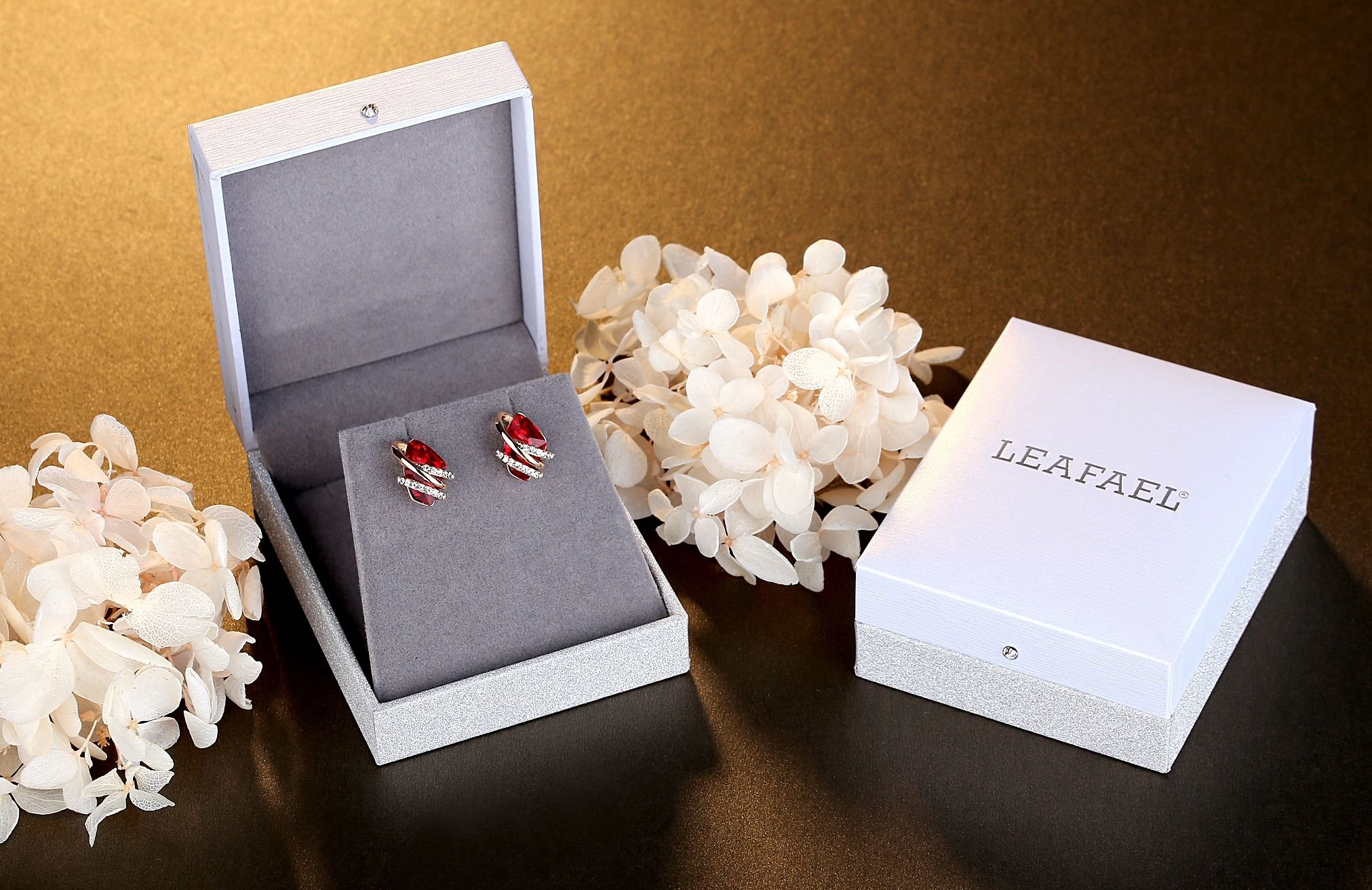 Leafael Wish Stone Stud Earrings with Ruby Red Birthstone Crystal for January and July, 18K Rose Gold Plated