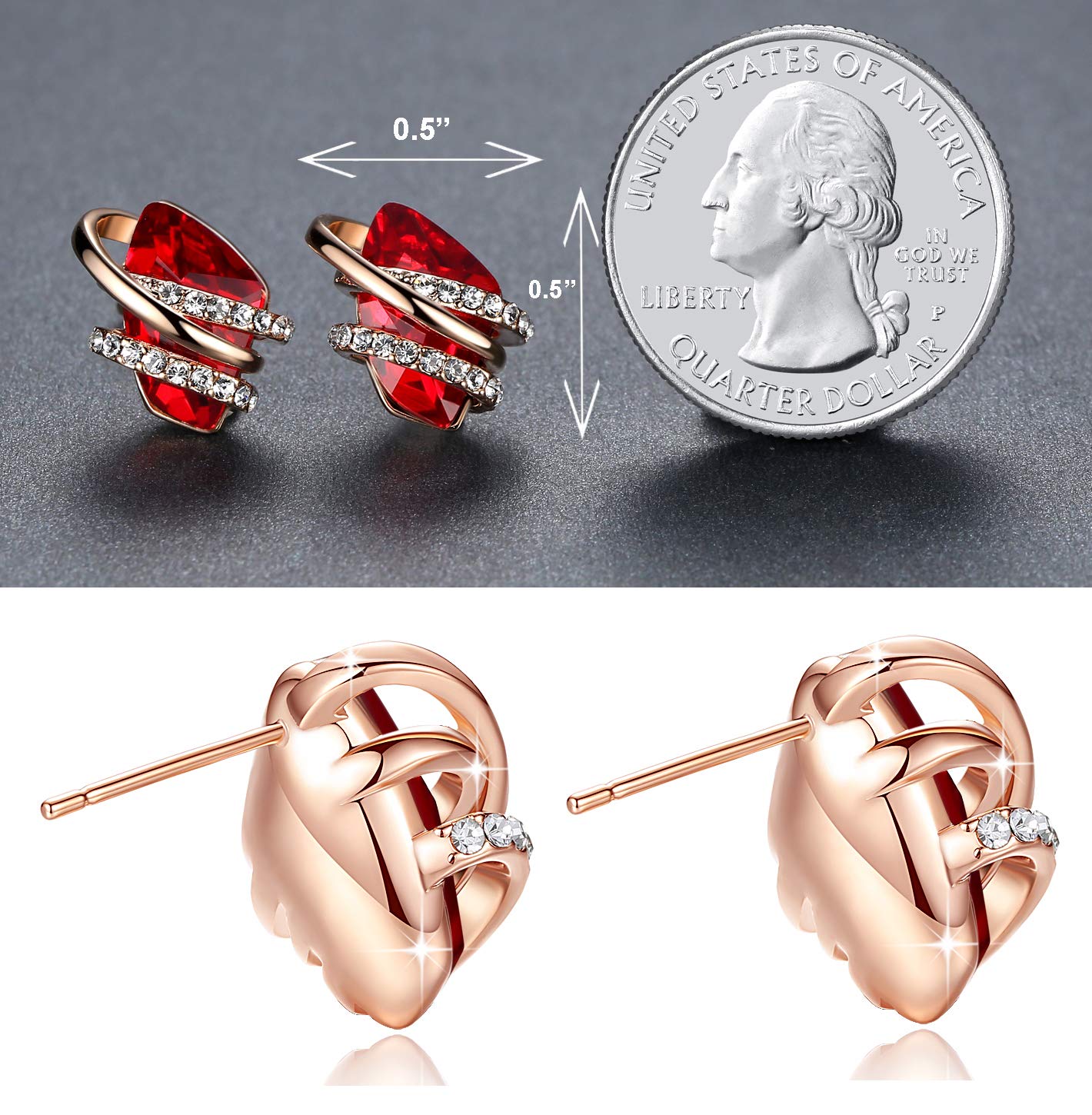 Leafael Wish Stone Stud Earrings with Ruby Red Birthstone Crystal for January and July, 18K Rose Gold Plated