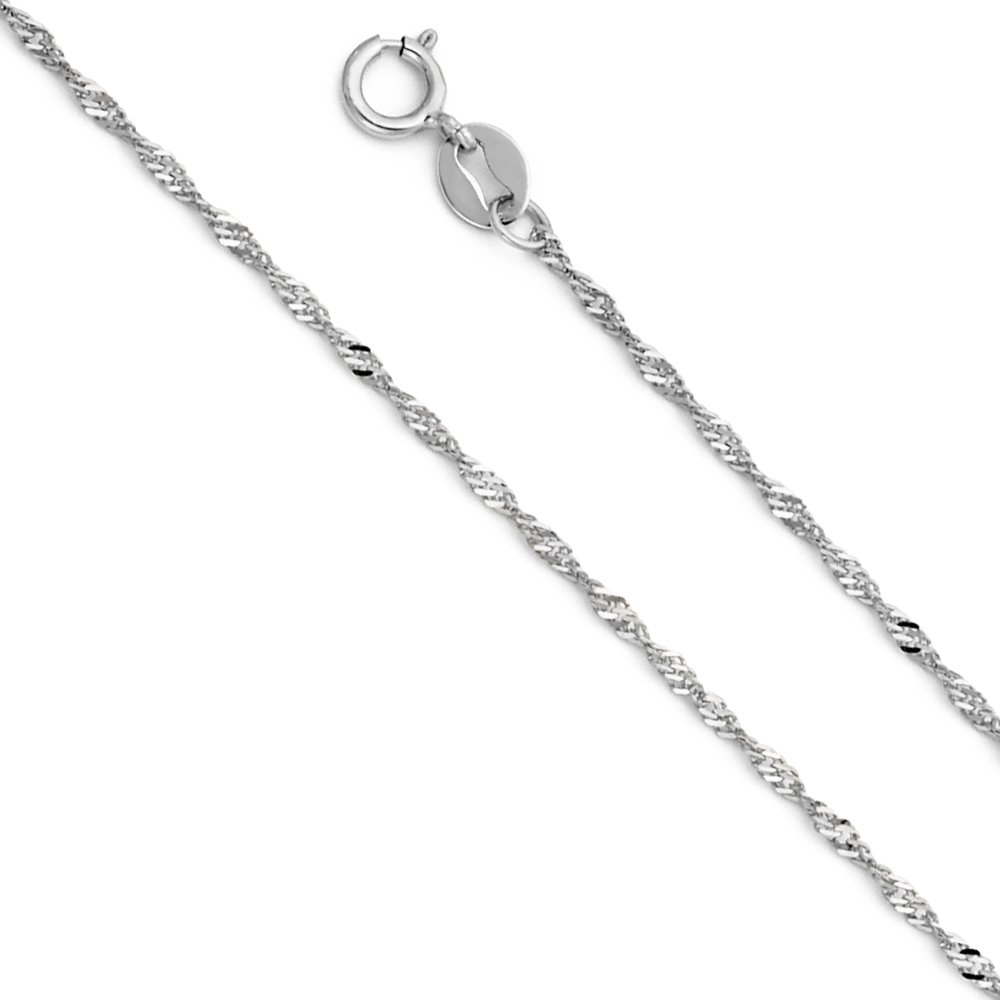 14k REAL White Gold Solid 1.2mm Singapore Chain Necklace with Spring Ring Clasp - 18"