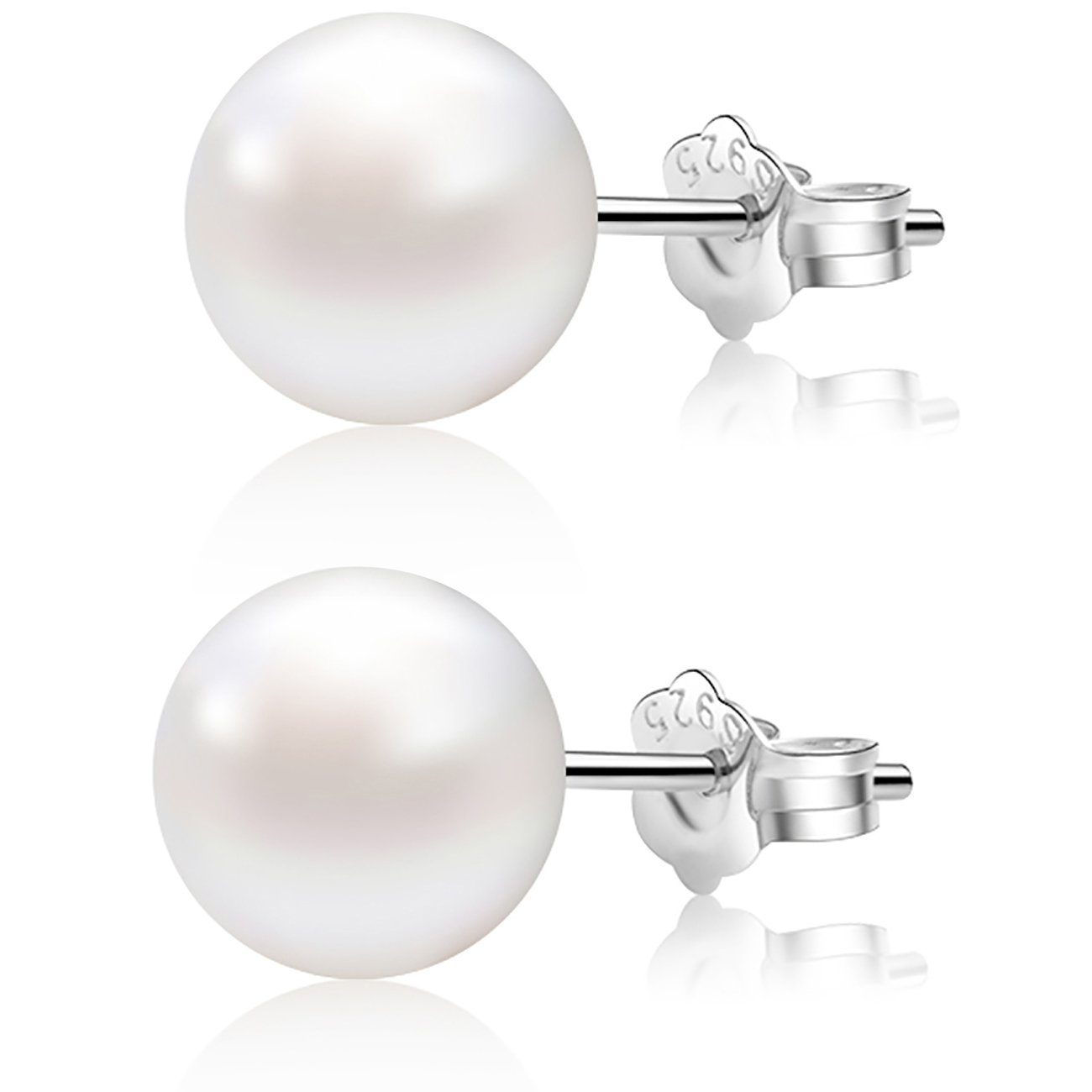 ALYC Pearl Earrings Genuine Freshwater Cultured Pearl White Button Stud Earrings with 925 Sterling Silver for Women(9.5-10.0mm)