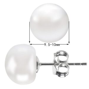 ALYC Pearl Earrings Genuine Freshwater Cultured Pearl White Button Stud Earrings with 925 Sterling Silver for Women(9.5-10.0mm)