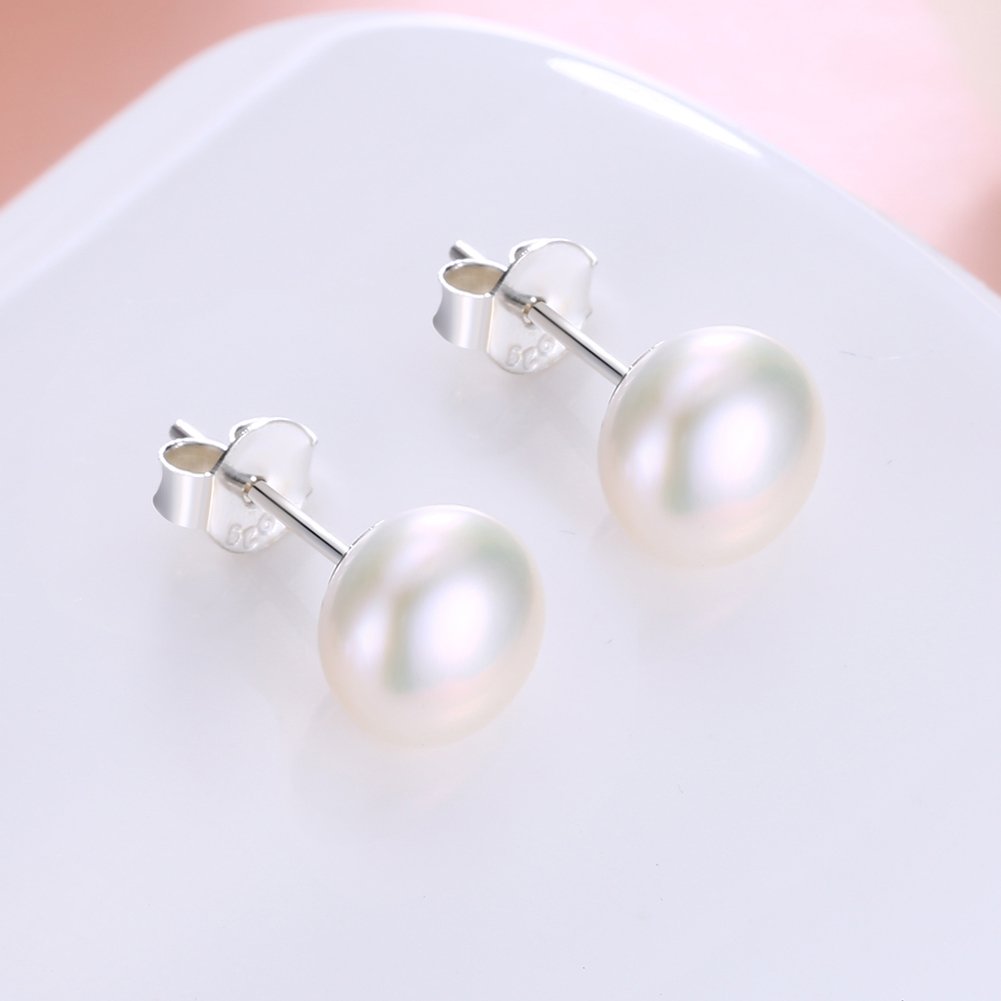 ALYC Pearl Earrings Genuine Freshwater Cultured Pearl White Button Stud Earrings with 925 Sterling Silver for Women(9.5-10.0mm)