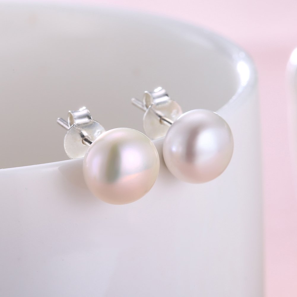 ALYC Pearl Earrings Genuine Freshwater Cultured Pearl White Button Stud Earrings with 925 Sterling Silver for Women(9.5-10.0mm)