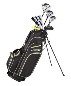 precise m3 tall men's right handed complete golf club set (6'1" to 6'4") include: 460cc driver, 3 wood, 21* hybrid, 6-9 irons, pitching wedge, putter, deluxe stand bag & 3 headcovers, black lime