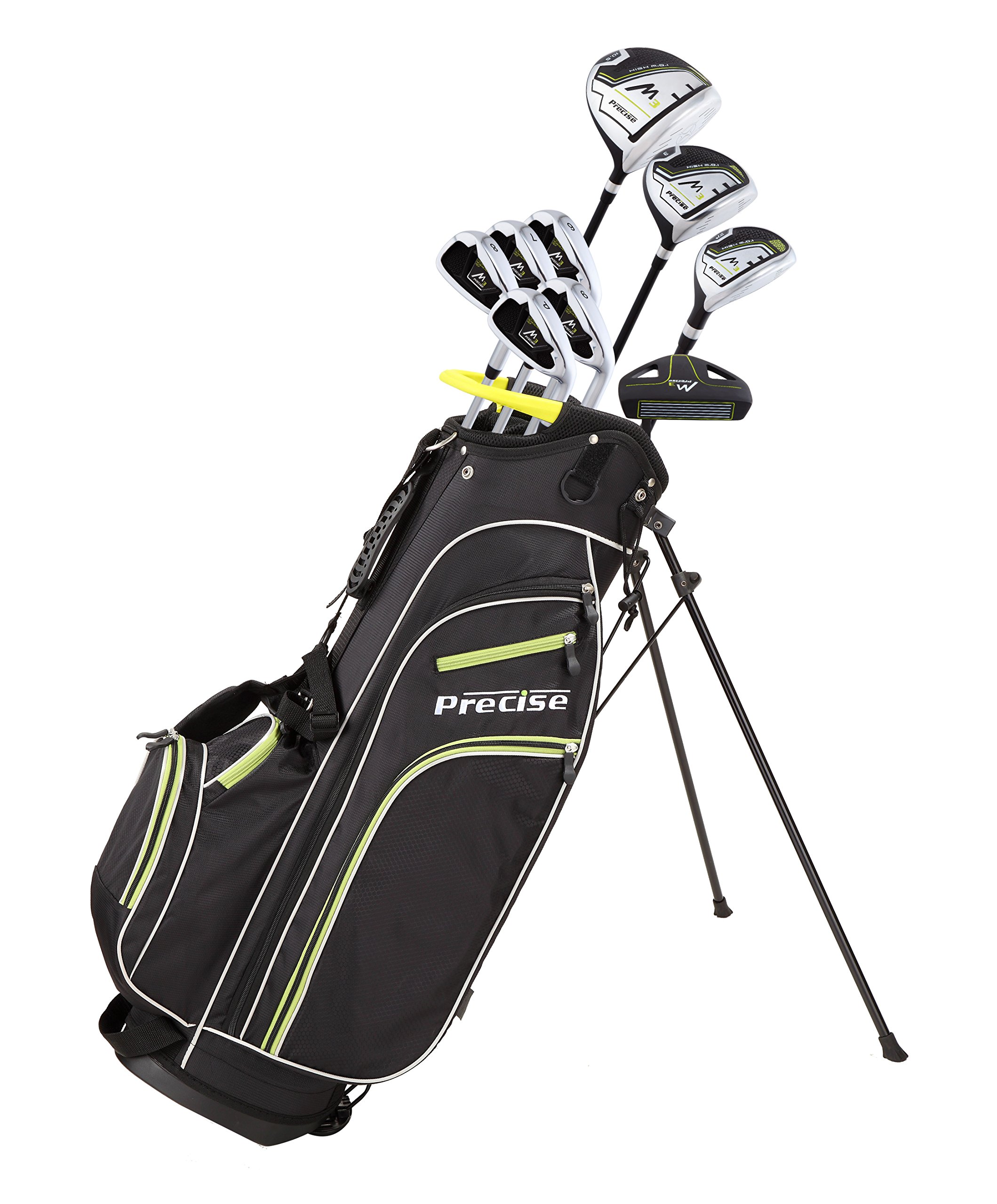 Precise M3 Tall Men's Right Handed Complete Golf Club Set (6'1" to 6'4") Include: 460cc Driver, 3 Wood, 21* Hybrid, 6-9 Irons, Pitching Wedge, Putter, Deluxe Stand Bag & 3 Headcovers, Black Lime