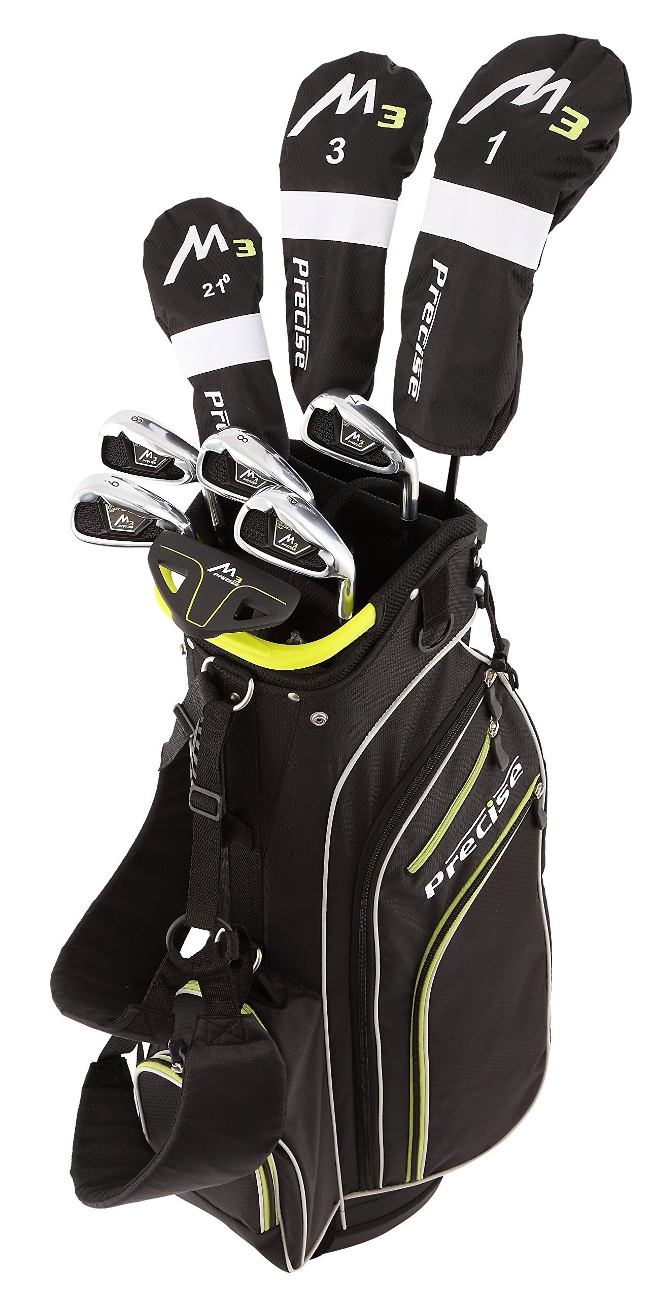 Precise M3 Tall Men's Right Handed Complete Golf Club Set (6'1" to 6'4") Include: 460cc Driver, 3 Wood, 21* Hybrid, 6-9 Irons, Pitching Wedge, Putter, Deluxe Stand Bag & 3 Headcovers, Black Lime