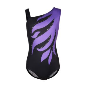 girls flame one cold shoulder athletic dance gymnastic leotards bodysuit outfit purple & black size 10