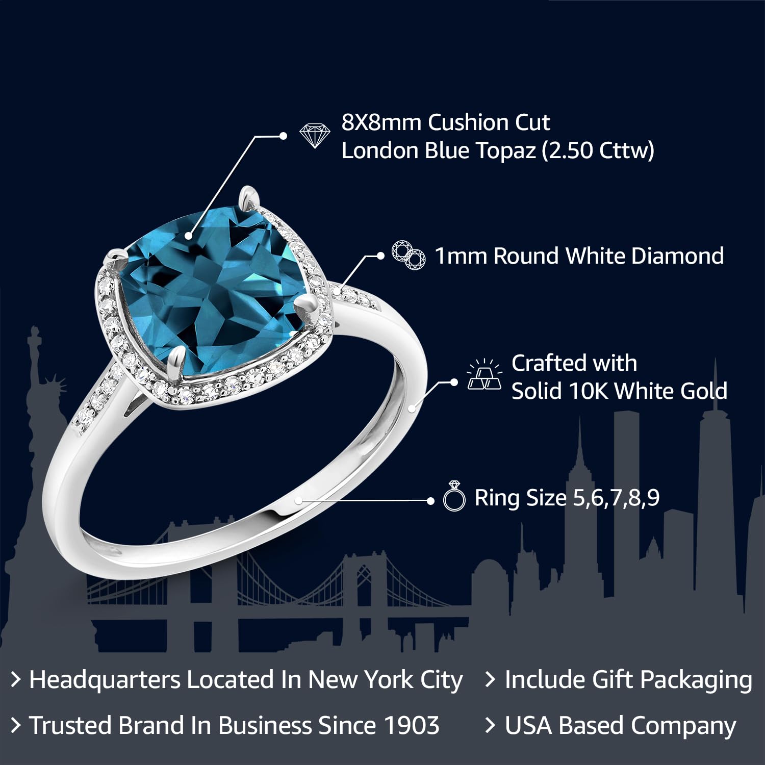 Gem Stone King 10K White Gold Cushion Cut 8MM Gemstone Birthstone and Accent Diamonds Halo Engagement Ring For Women | Wedding Anniversary Promise Ring For Women | Available In Size 5, 6, 7, 8, 9