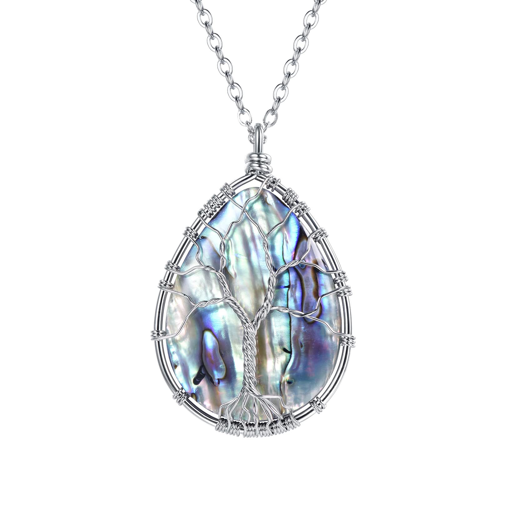 Long Necklaces for Women Abalone Necklaces Boho Jewelry Stainless Steel Tree of Life Wire Wrapped Light Blue Teardrop Abalone Shell Pendant 29.5+2Inch